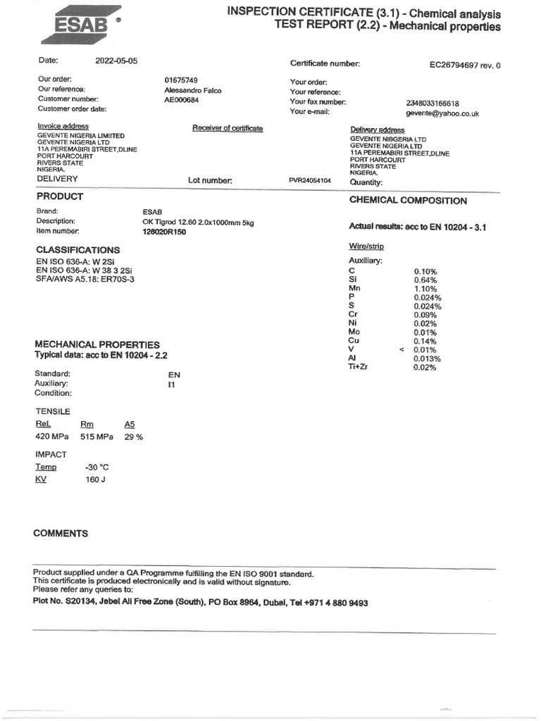 MTC for Electrodes and Filler Wire | PDF