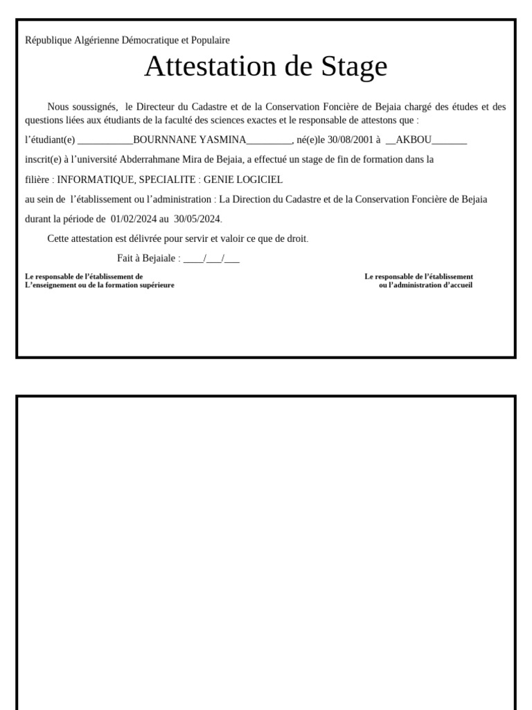 Attestation de stage en informatique à Bejaia | PDF