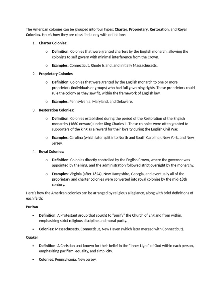 The American Colonies Can Be Grouped Into Four Types | PDF | Thirteen ...