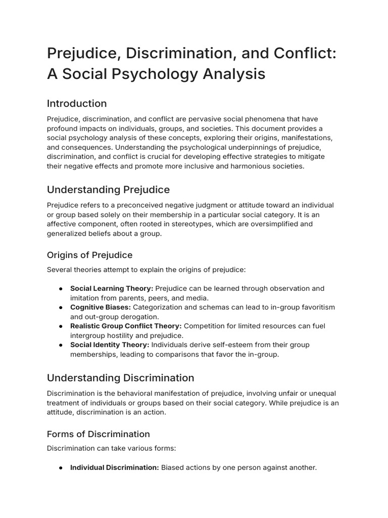 Prejudice, Discrimination, and Conflict A Social Psychology Analysis ...