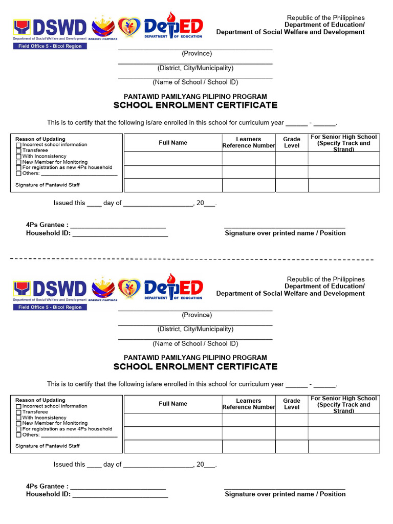 4Ps School Enrollment Certificate 2024 | PDF