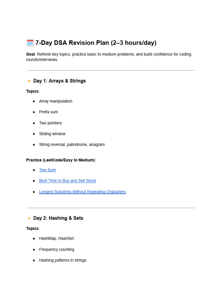 ? 7-Day DSA Revision Plan (2-3 Hours - Day) | PDF