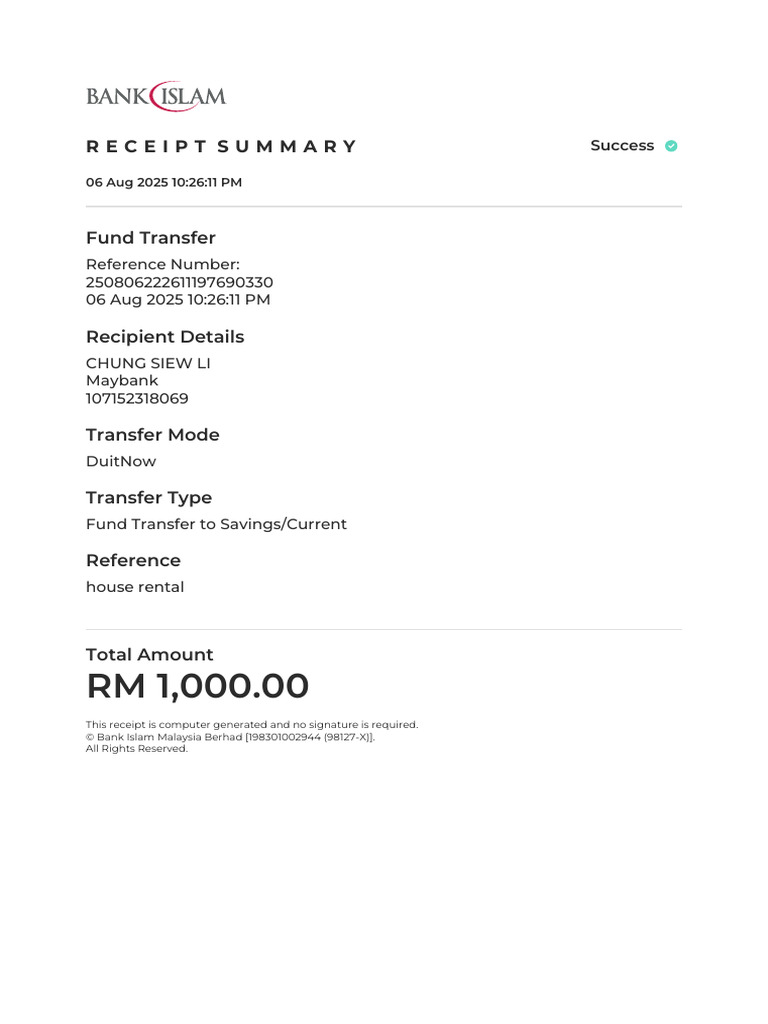 Fund Transfer Receipt Summary | PDF