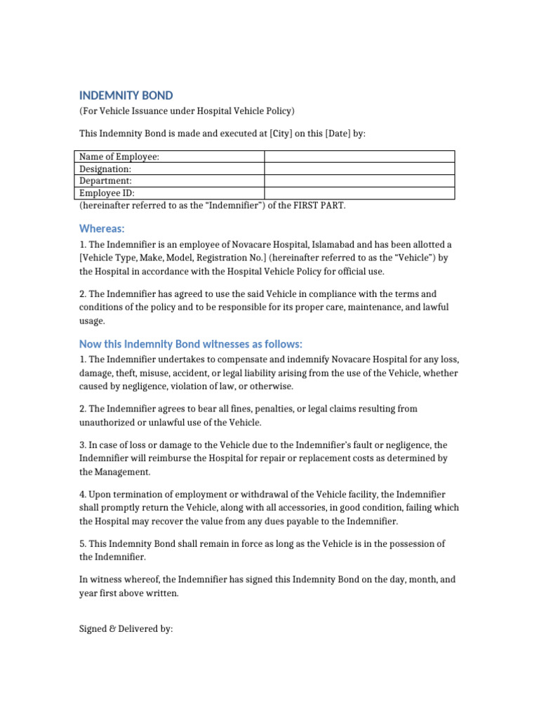 Vehicle Indemnity Bond Template | PDF