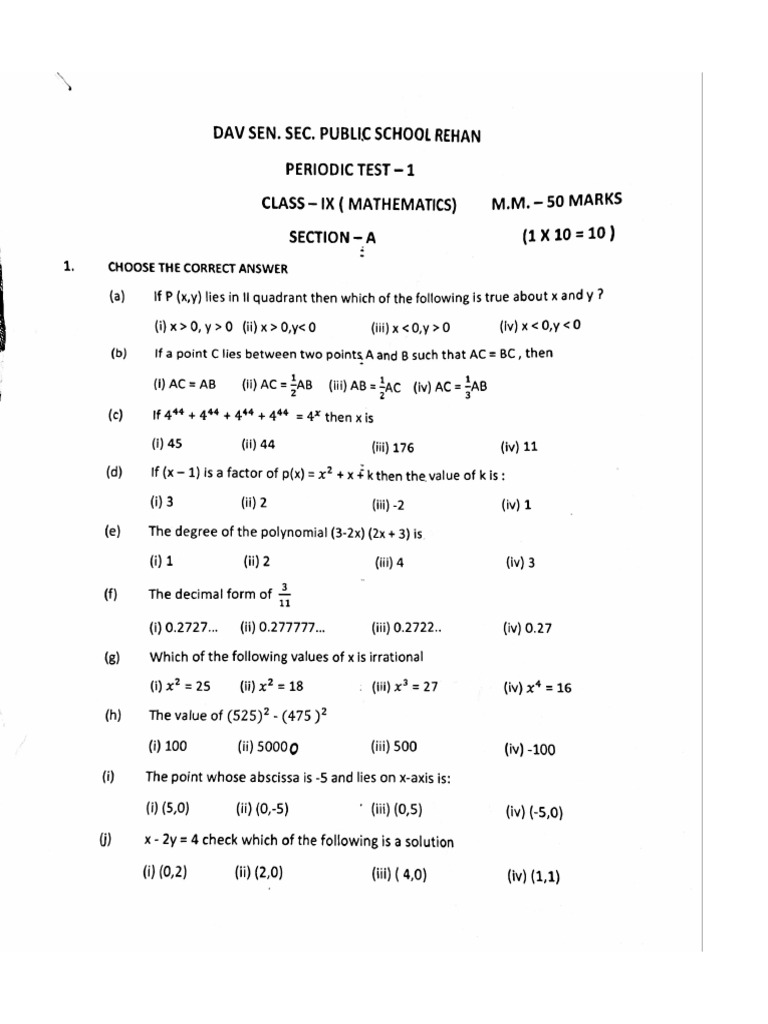 Maths PT-1 Question Paper | PDF
