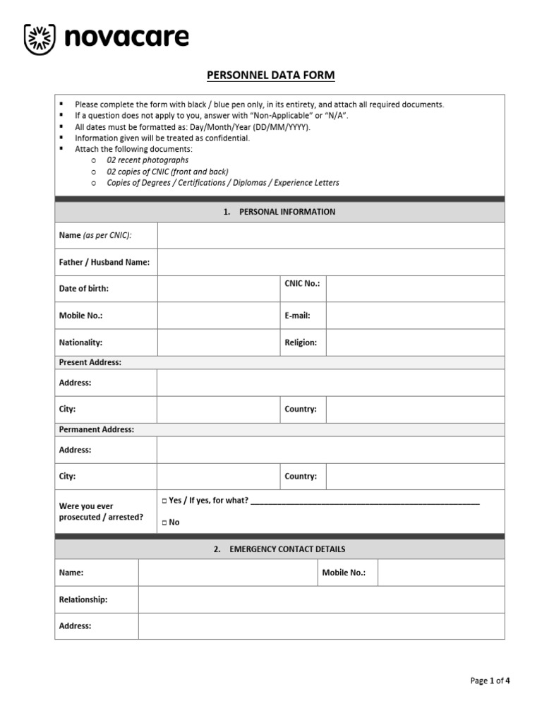 Personnel Data Form - NOVACARE | PDF