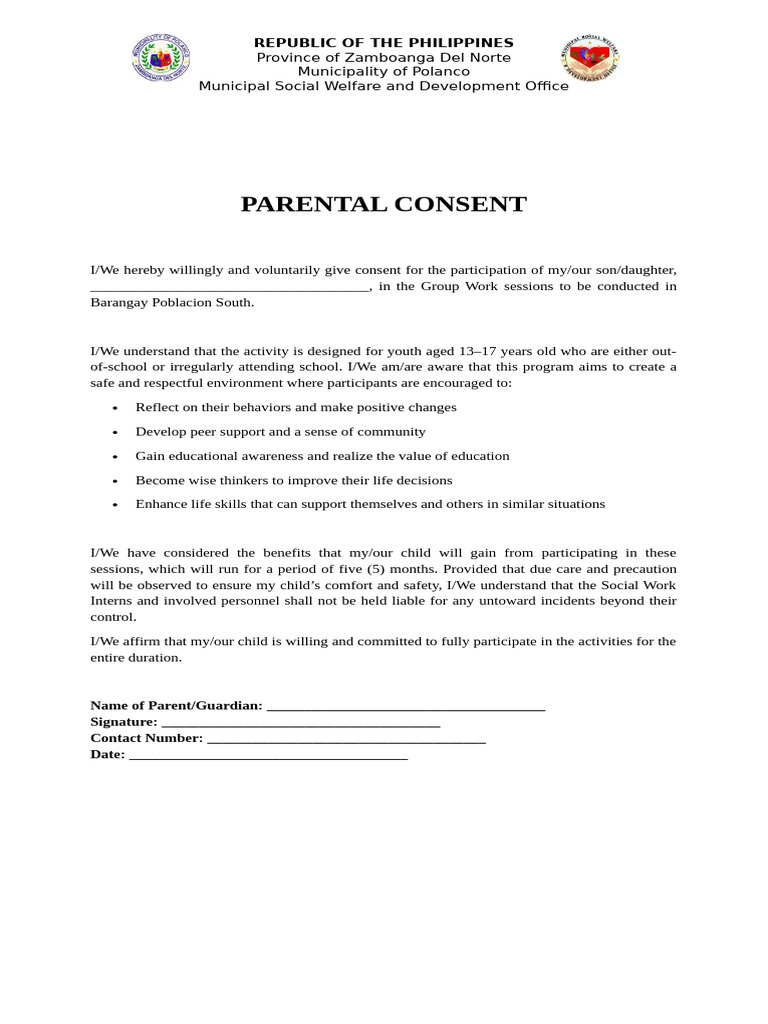 Parental Consent: Province of Zamboanga Del Norte Municipality of ...