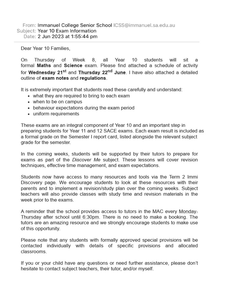 Year 10 Exam Information | PDF