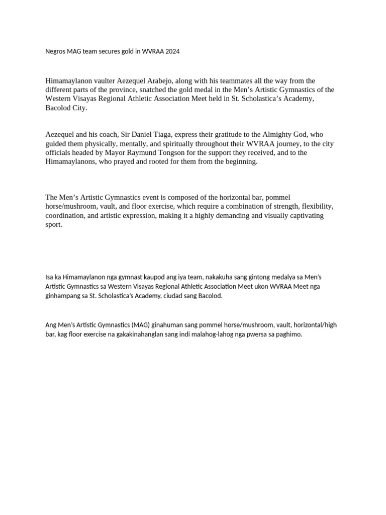 Negros MAG Team Secures Gold in WVRAA 2024 | PDF | Physical Exercise ...
