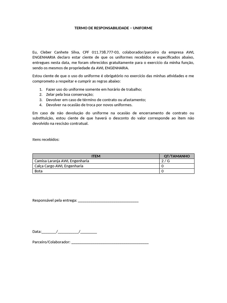 Termo De Responsabilidade Uniforme Pdf