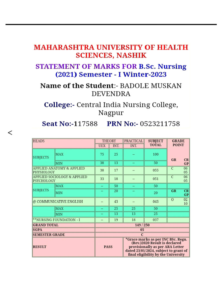 1st Sem Marksheet | PDF