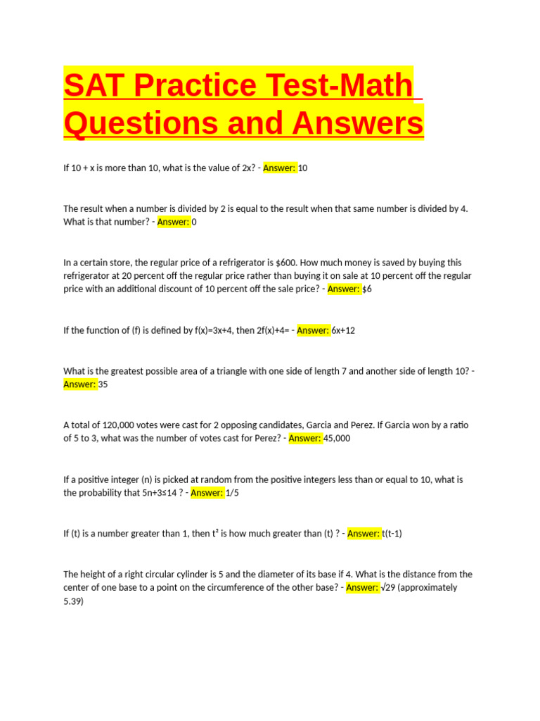 SAT Practice Test-Math Questions and Answers | PDF | Numbers | Area