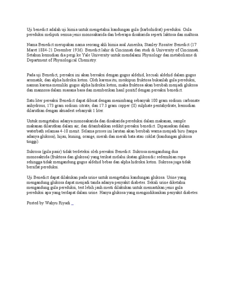 Uji Benedict Adalah Uji Kimia Untuk Mengetahui Kandungan Gula | PDF
