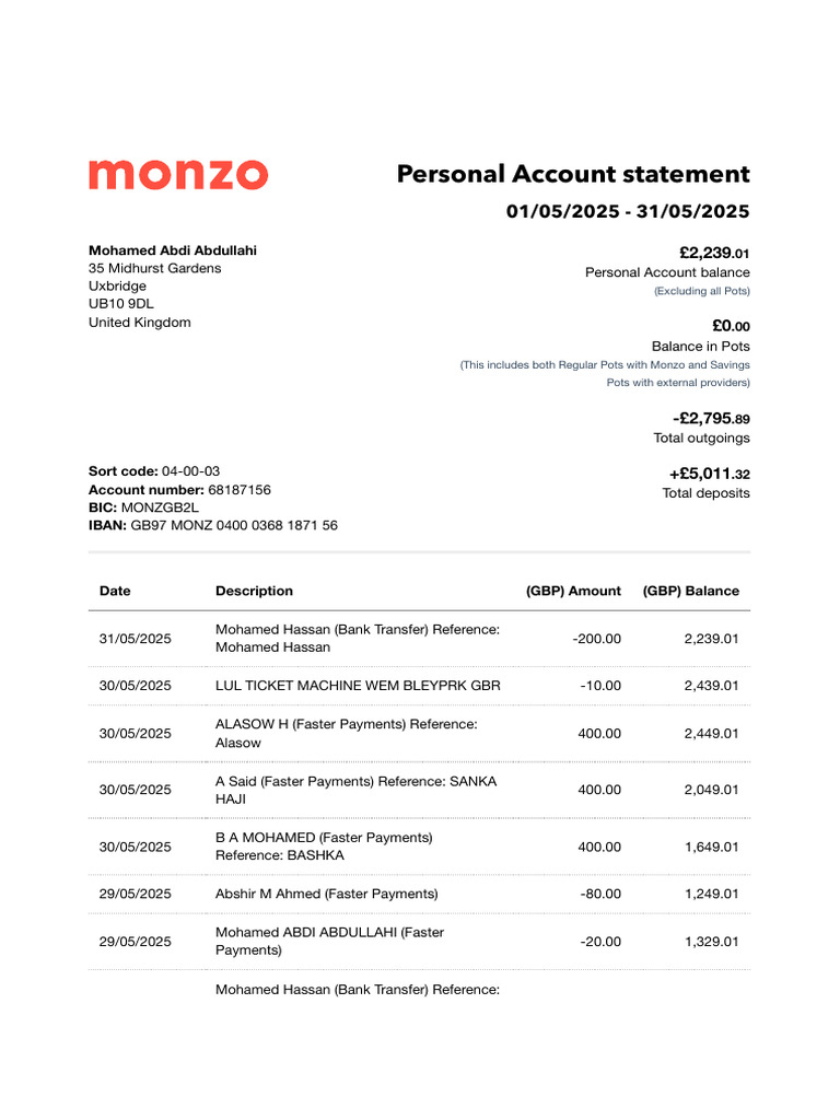 Monzo - Bank - Statement - 2025 05 01 2025 05 31 - 9472 | PDF | Banking ...