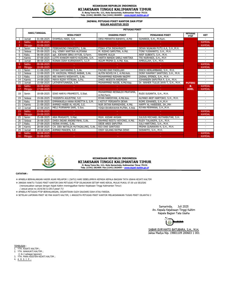 Jadwal Piket Dan PTSP Agustus 2025 | PDF