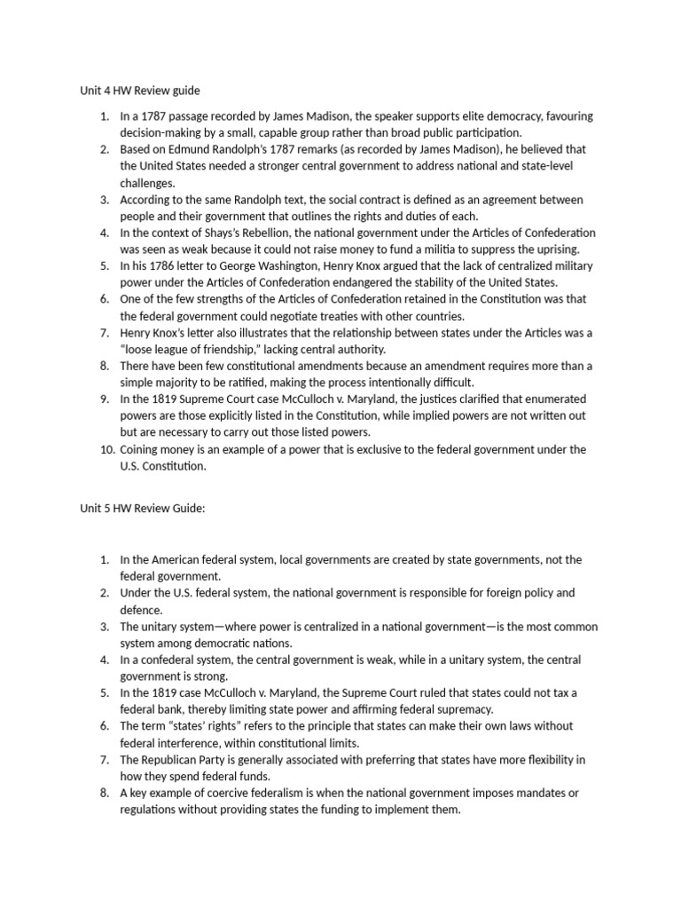 Econ - Gov - Unit 4 and 5 HW Review | PDF | James Madison | Government