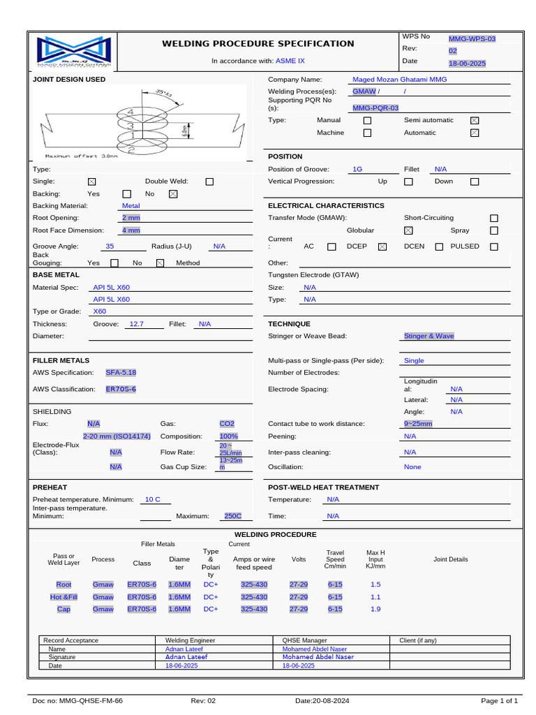 Weld Procedure Specification - GMAW | PDF | Welding | Construction
