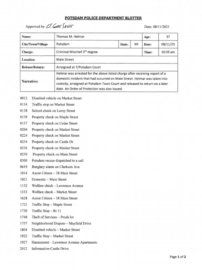 Potsdam Village Police Dept. Blotter Aug. 11, 2025 | PDF