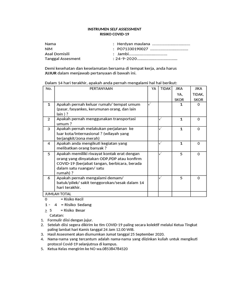 Instrumen Self Assessment COVID-19 | PDF