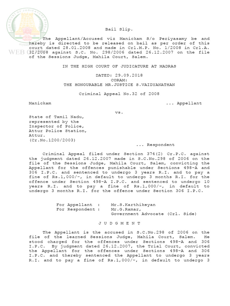 Manickam v. State of Tamil Nadu | PDF | Prosecutor | Bail