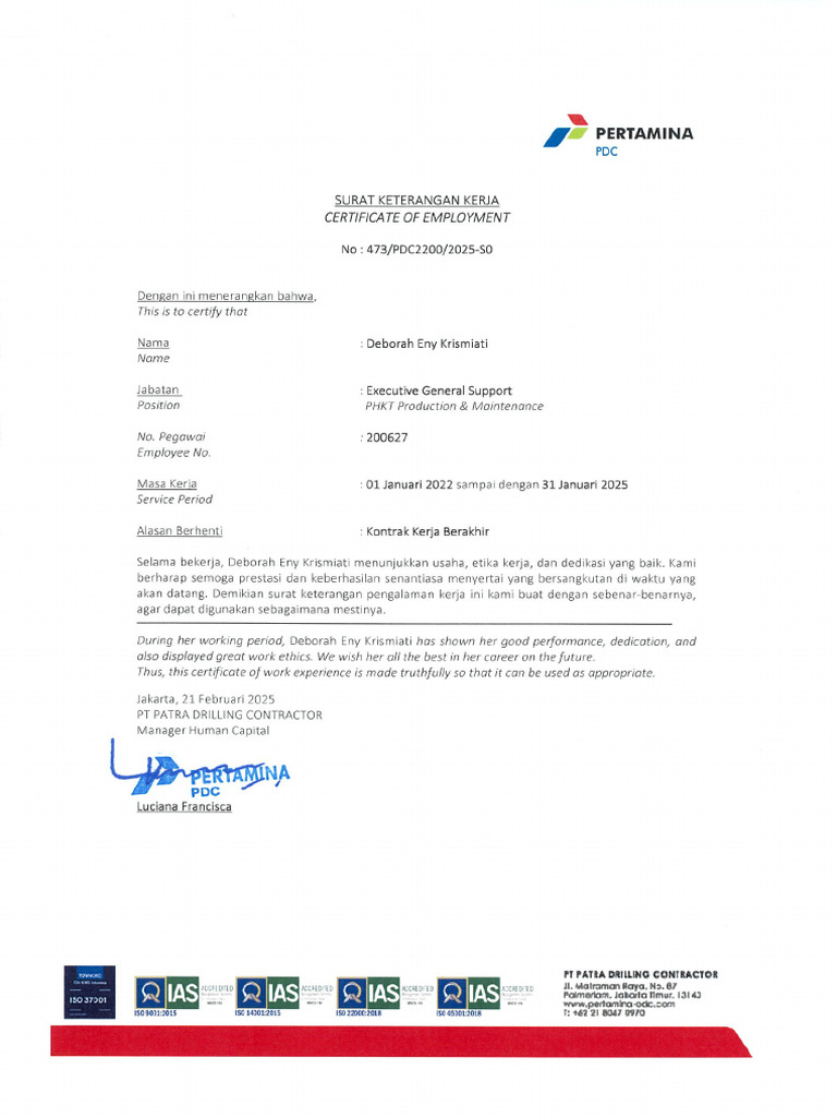 Paklaring PHKT PNM - Deborah Eny | PDF