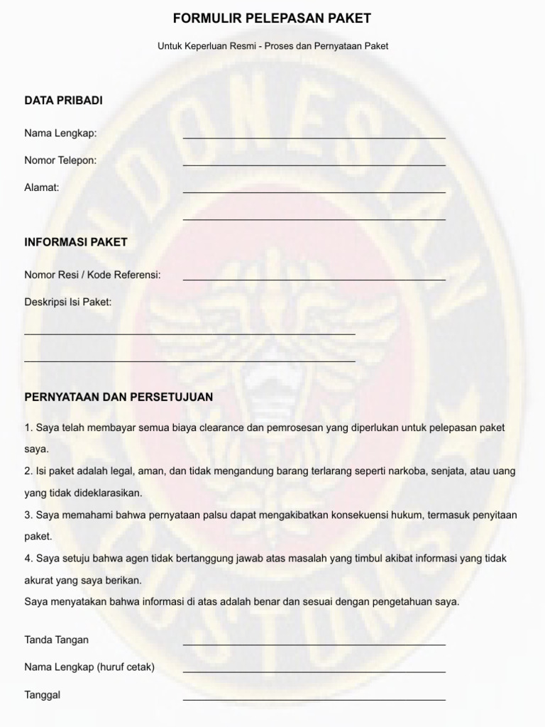 Formulir Pelepasan Paket Resmi | PDF