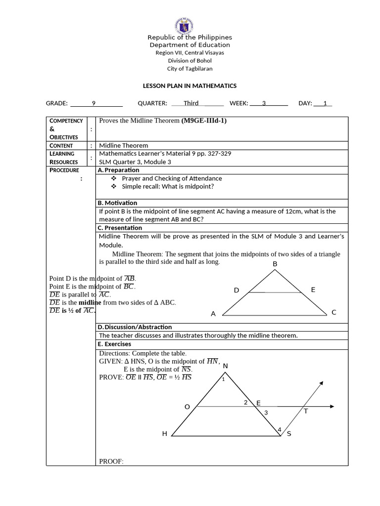 Grade 9 Math Lesson Plans: Theorems | PDF | Perpendicular | Triangle