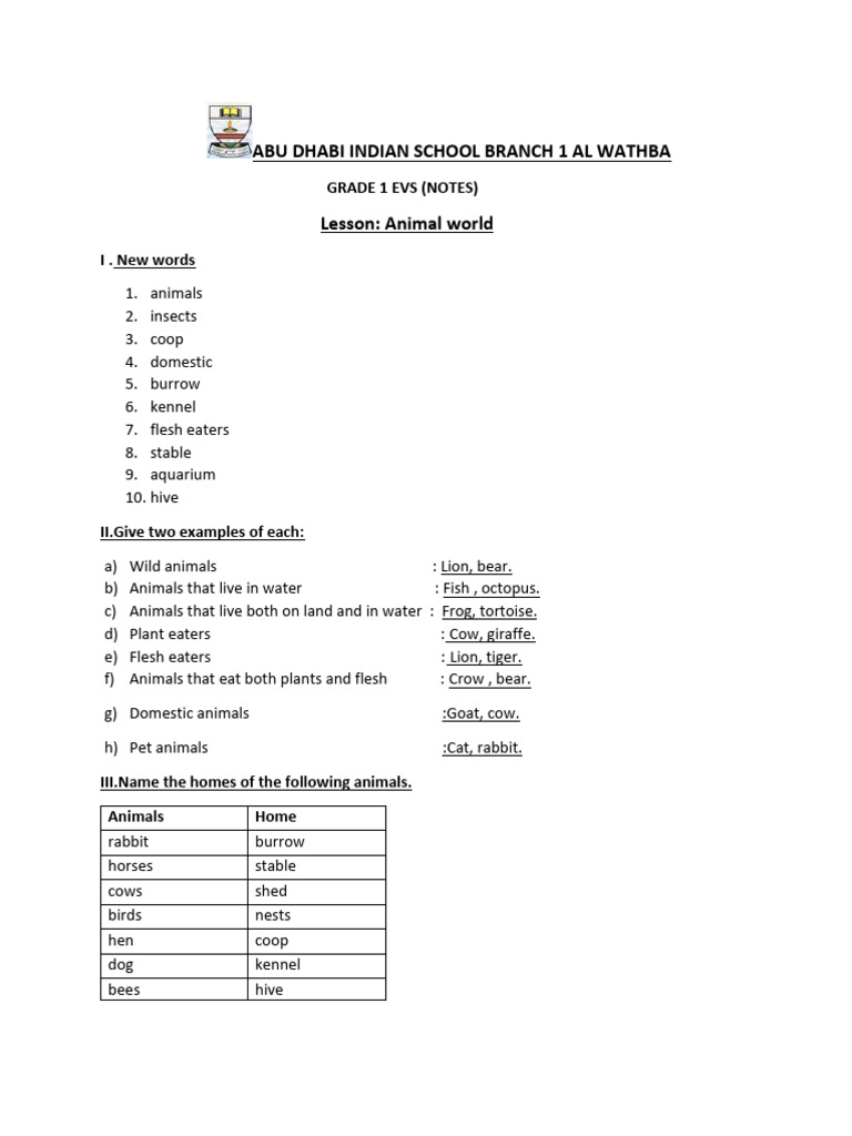 Grade 1 Animal World Notes | PDF