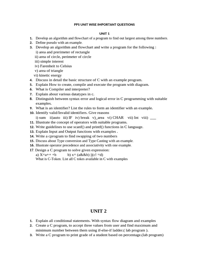 PPS Important Questions All UNITS | PDF | Parameter (Computer Programming) | Computer Program