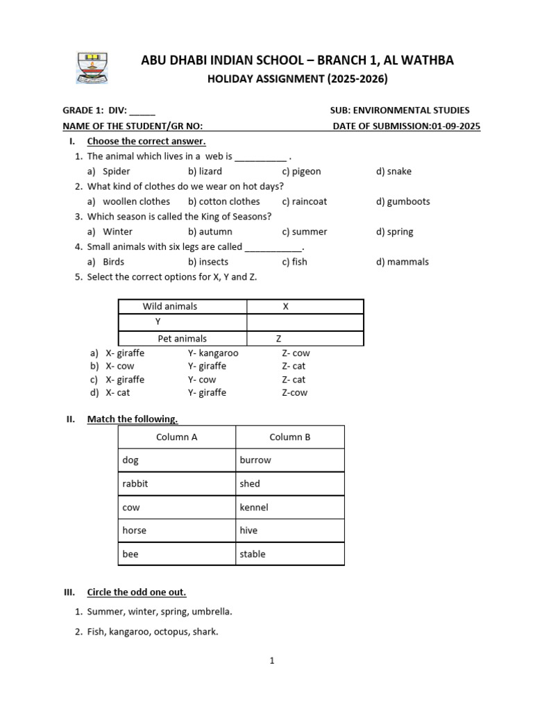 Grade 1 Holiday Homework 2025-26 | PDF | Zoology
