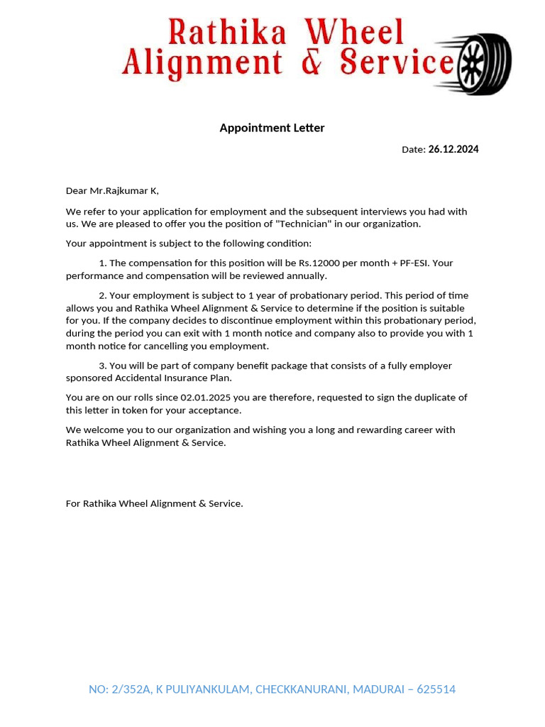 Technician Appointment Letter Template | PDF