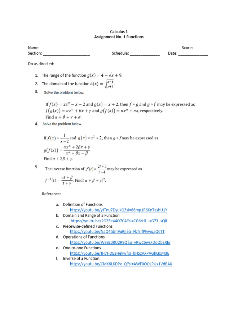 Assignment 1 Calculus 1 | PDF