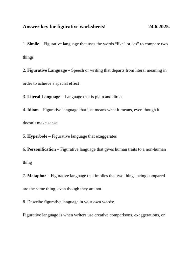 Figurative Language Worksheet Answers | PDF | Metaphor