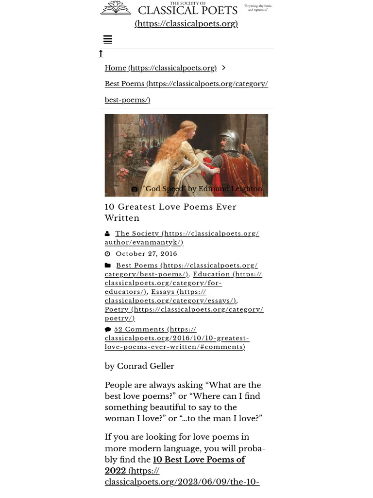 10 Greatest Love Poems Ever Written _ Society of Classical Poets | PDF