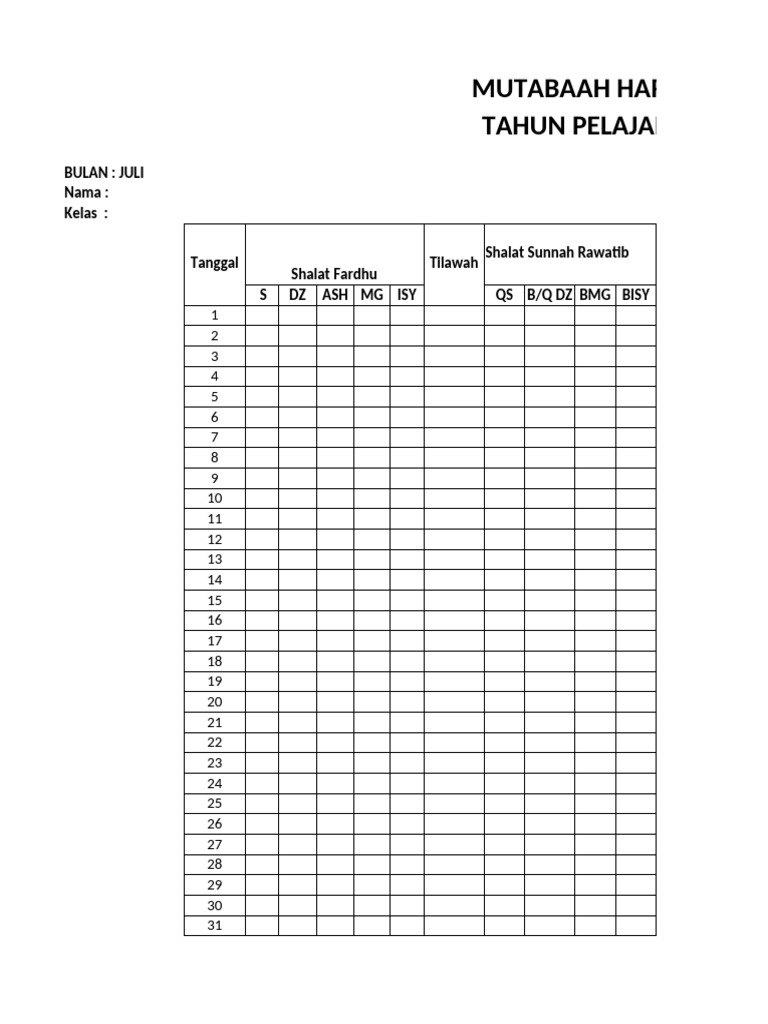 Mutabaah Harian SMA Juli 2025 | PDF