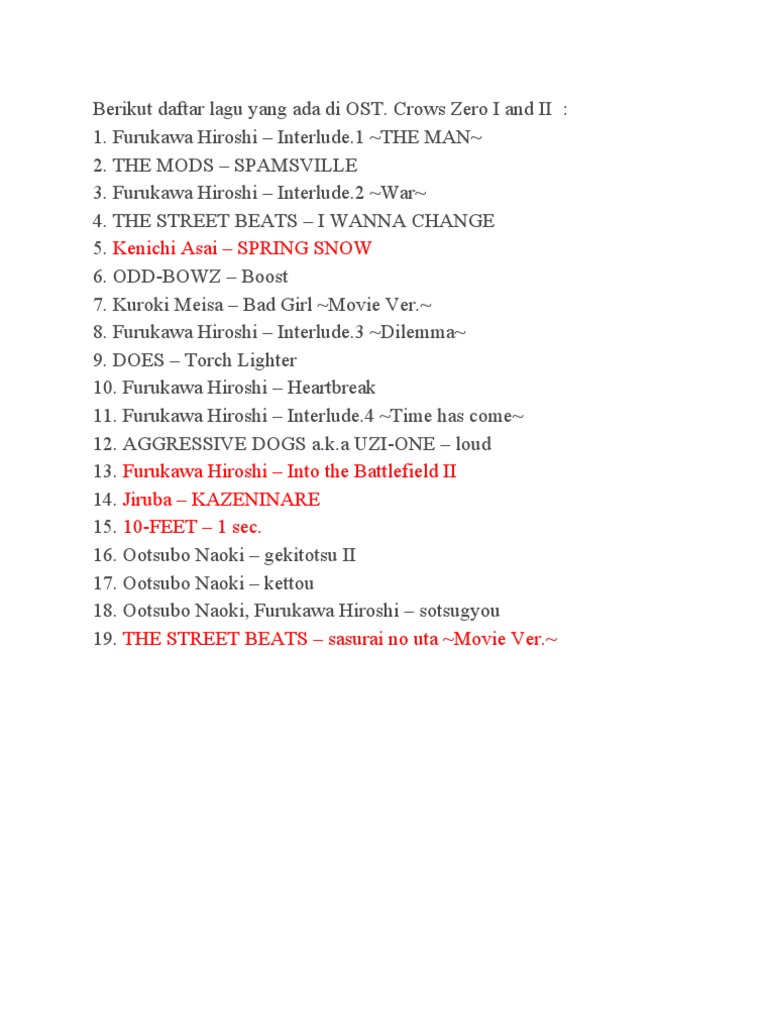 Crows Zero OST Tracklist Overview | PDF