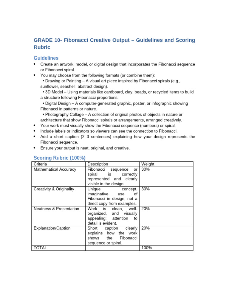 Fibonacci Creative Output Guidelines and Rubric | PDF | The Arts
