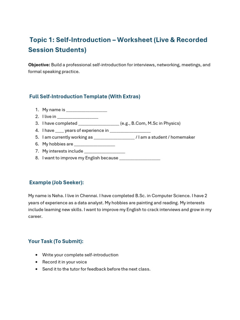 Self-Introduction Worksheet for Students | PDF