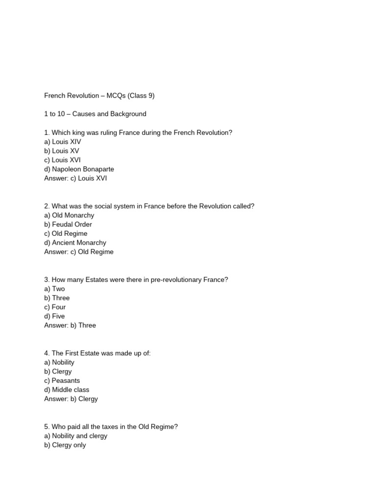 French Revolution - MCQs (Class 9) | PDF | French Revolution | Reign Of ...