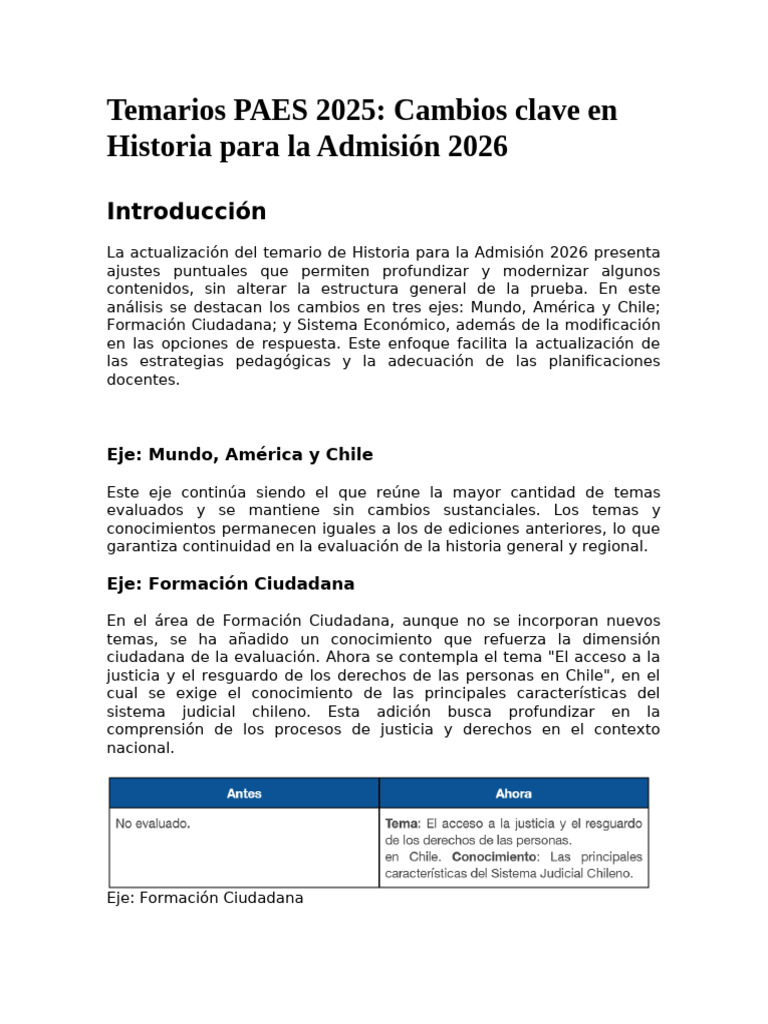 Temarios PAES 2025 - 2026 Historia | PDF | Chile | Conocimiento
