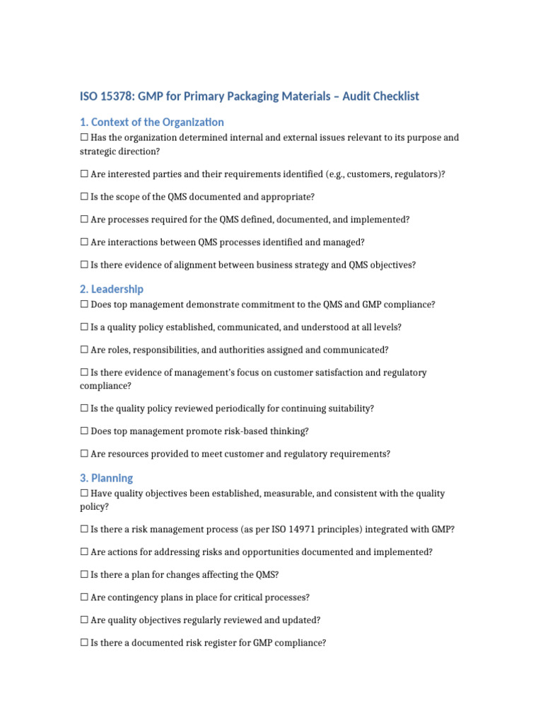 ISO 15378 GMP Audit Checklist | PDF | Quality Management System ...