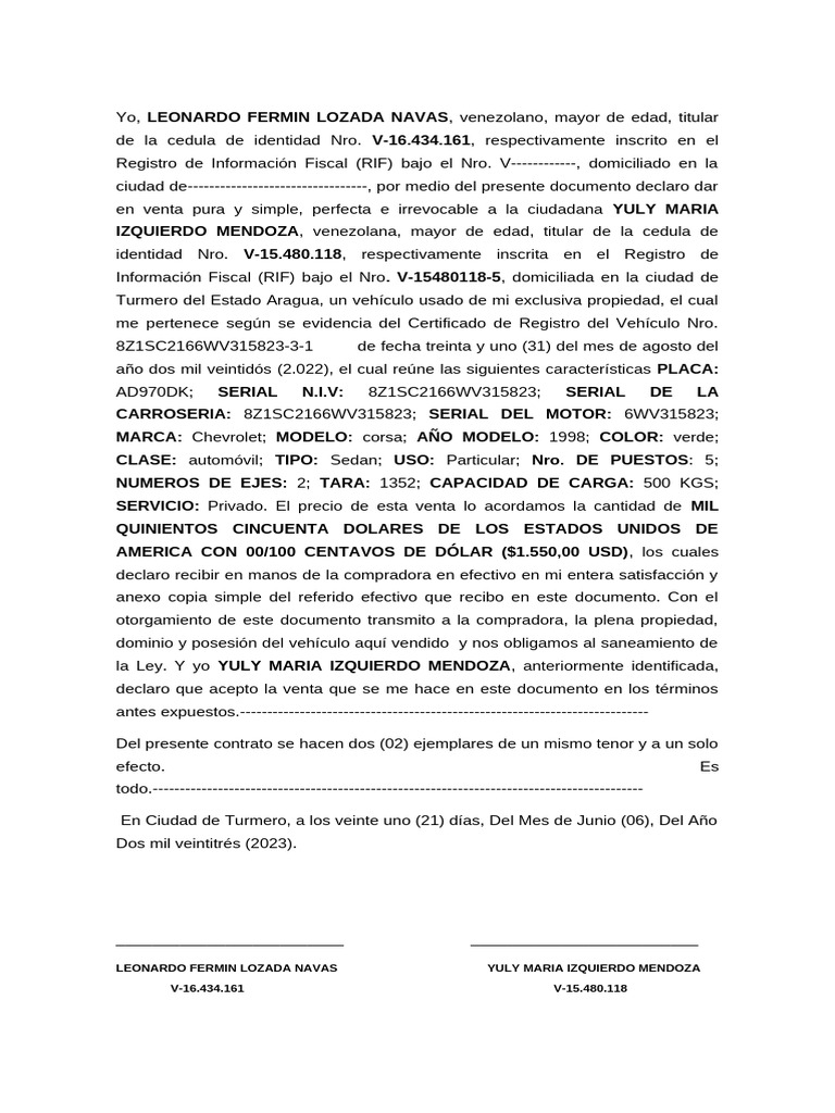 Contrato Privado de Vehiculo Yuli | PDF | Coche | Vehículos