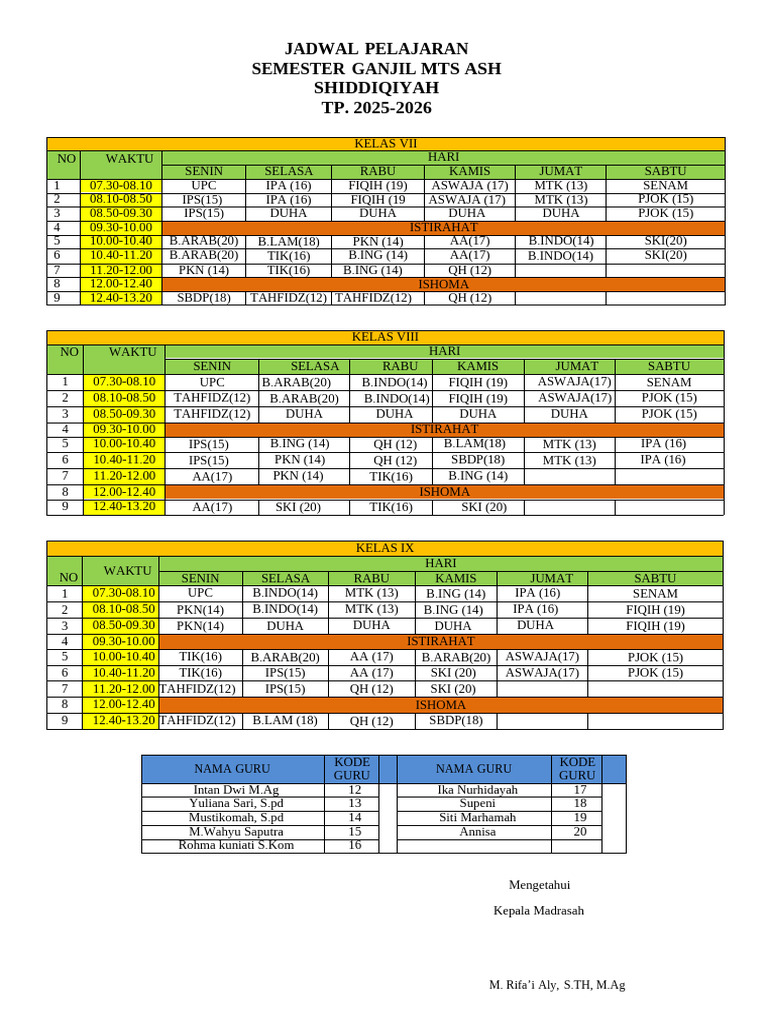 Jadwal Pelajaran MTS Ash Shiddiqiyah | PDF