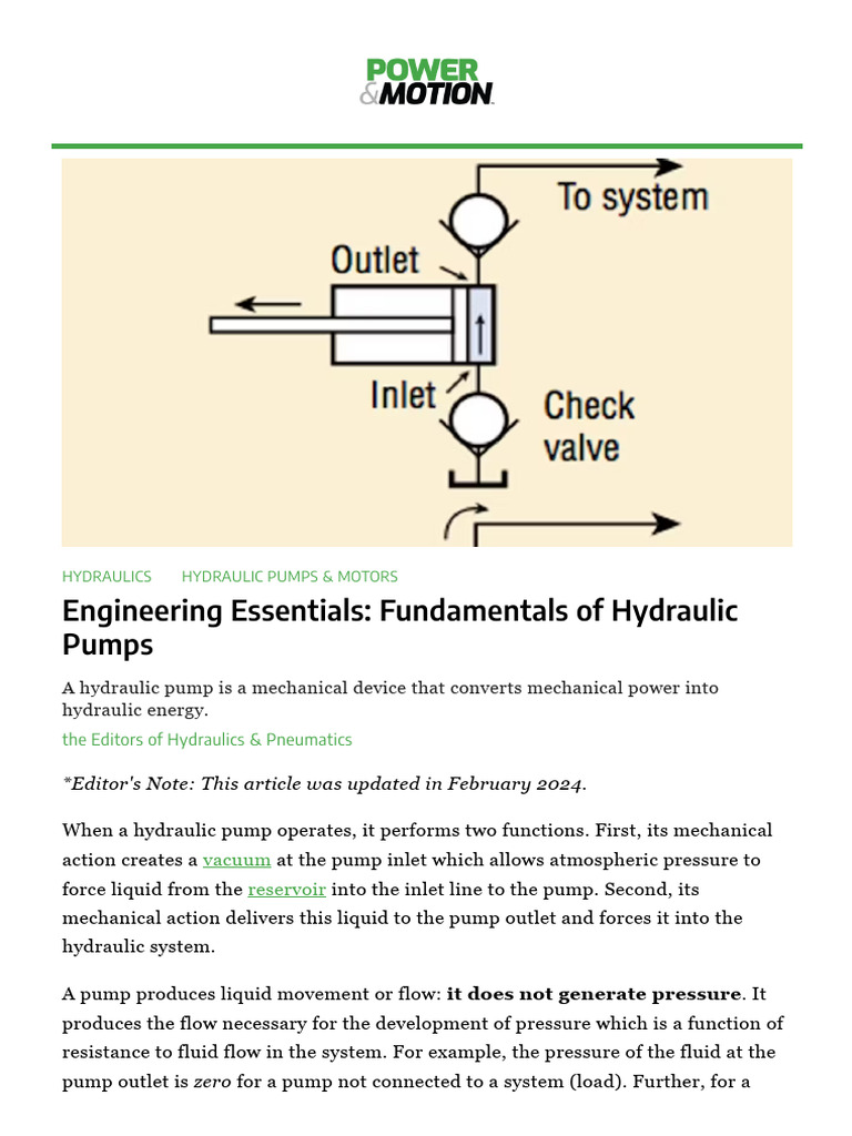 Engineering Essentials - Fundamentals of Hydraulic Pumps - Power & Motion | PDF | Pump | Piston
