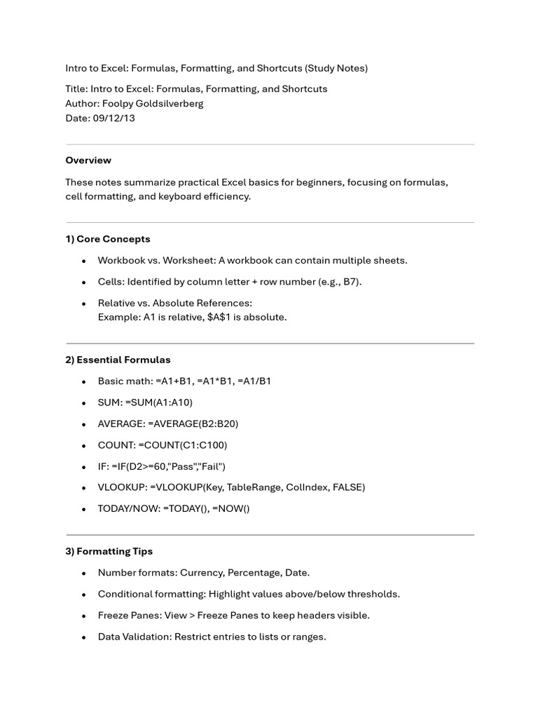 Intro To Excel - Formulas, Formatting, and Shortcuts (Study Notes) | PDF