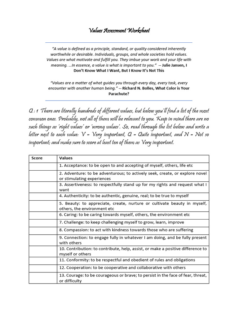 Values Assessment Worksheet | PDF | Love | Social Psychology