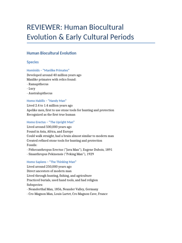 Human Biocultural Evolution Reviewer | PDF | Homo | Human