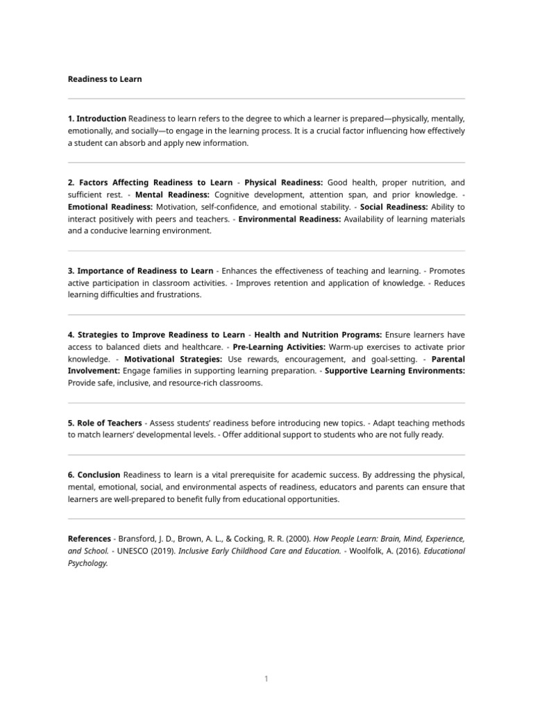 Readiness To Learn | PDF