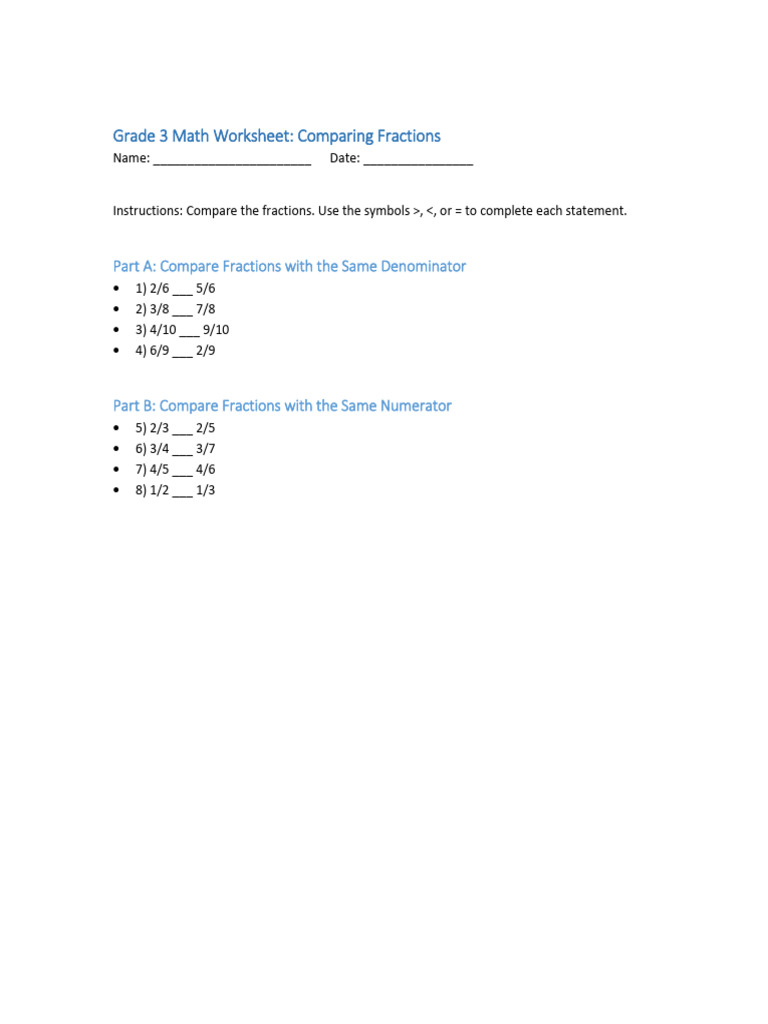 Grade 3 Comparing Fractions Worksheet | PDF