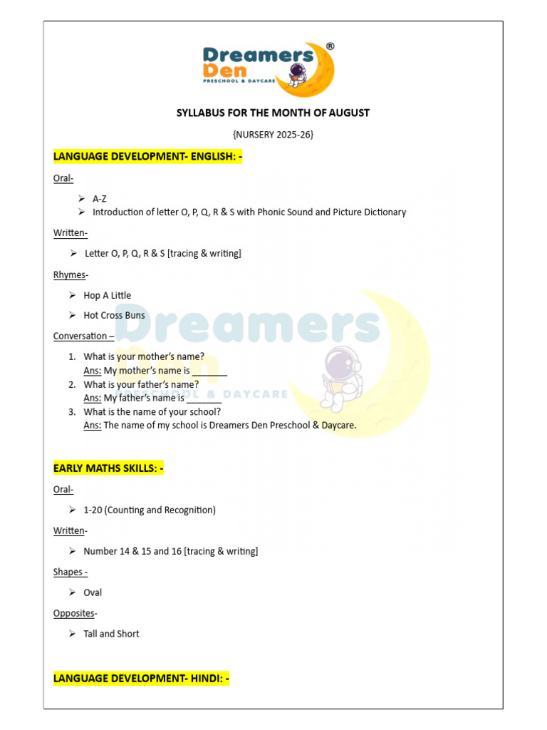 Syllabus For The Month of August Nursery 25 - 26 | PDF